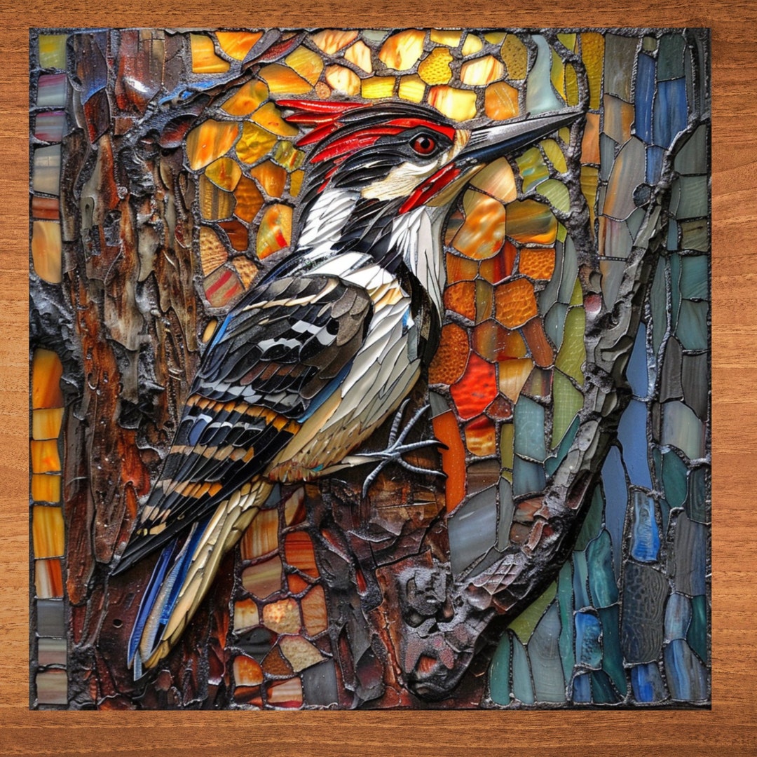 Woodpecker Stained Glass Look Art on Glossy Ceramic Decorative Tile ...