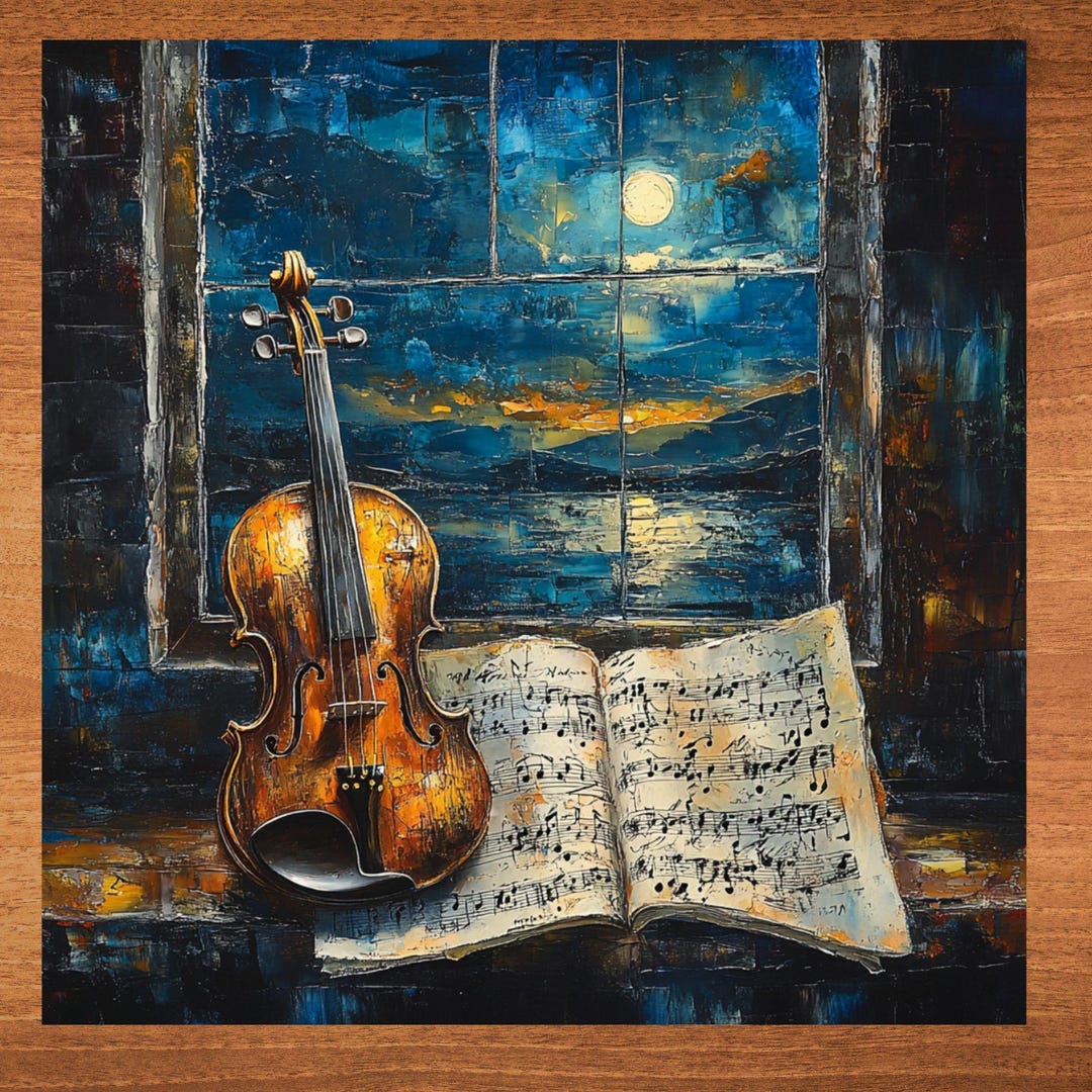 Violin Moonlight Bookshelf Decore Beautiful Ceramic Art Tile Dark ...