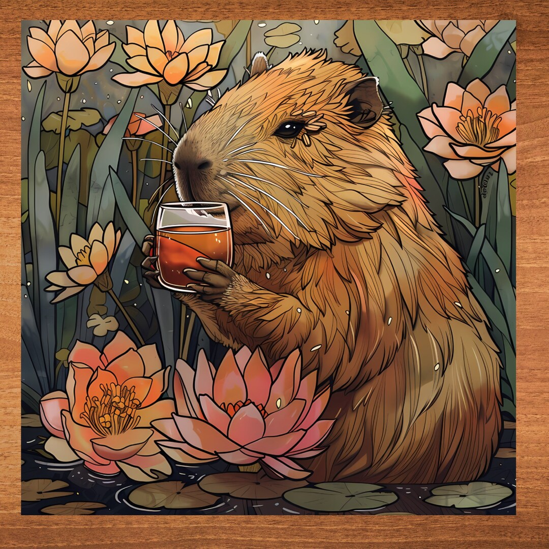 Capybara Tea Time Stained Glass Look Art on Glossy Ceramic Decorative ...