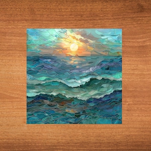 Ocean Waves at Sunrise Stained Glass Look Art on Glossy Ceramic Tile ...