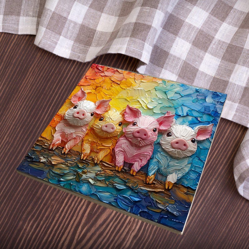 Row of Pigs Decorative Tile Ceramic Art Tile Wall Decor Bookshelf Book ...