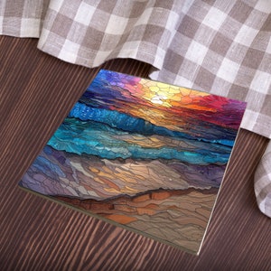 Gentle Ocean Waves Sunrise Stained Glass Look Art on Glossy Ceramic ...