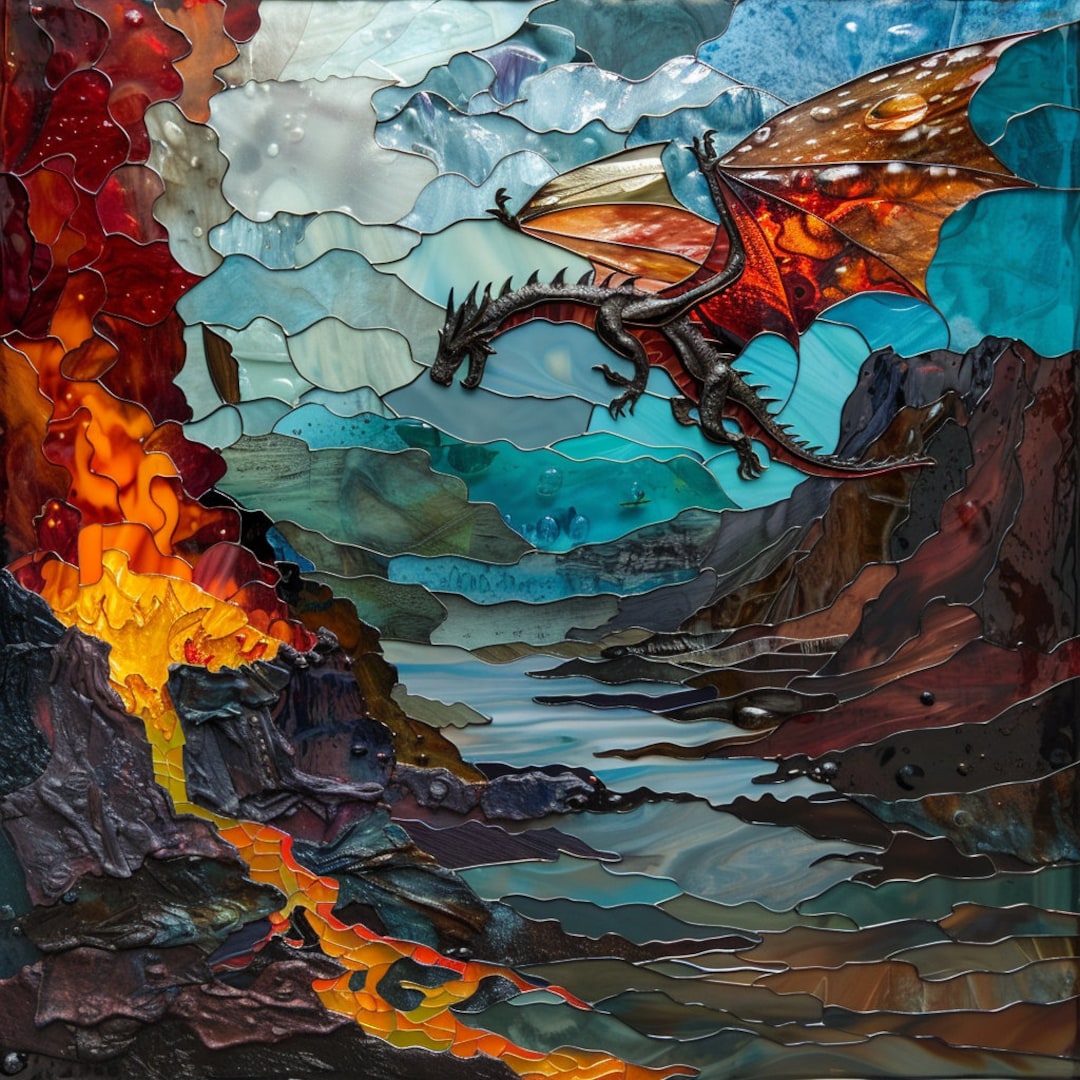 Flying Volcano Dragon Stained Glass Look Art on Glossy Ceramic ...