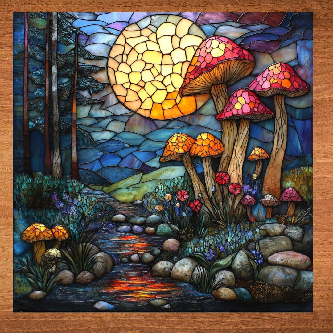Mushroom Ethereal Moon Ceramic Art Tile Stained Glass Look Glossy ...