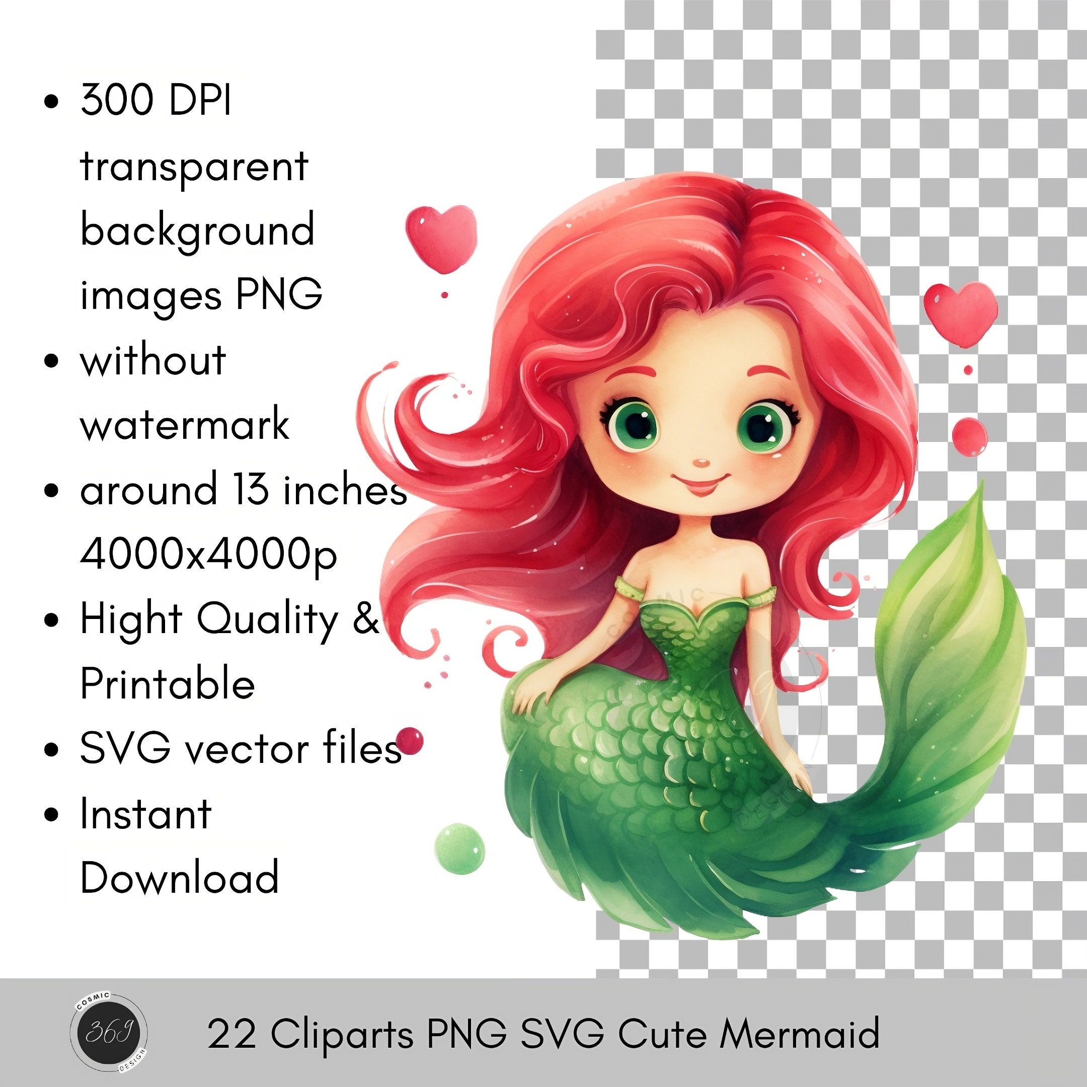 Mermaid Watercolor Clipart 22 Designs Cute Little Mermaid - Etsy