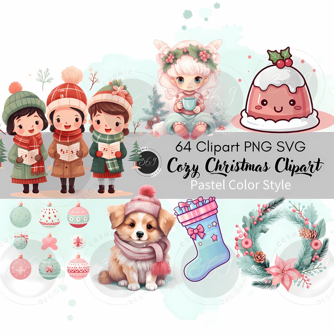 Cozy Christmas Clipart Bundle Pastel Color Version 64 SVG PNG ...