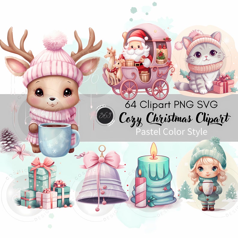 Cozy Christmas Clipart Bundle Pastel Color Version 64 SVG PNG ...