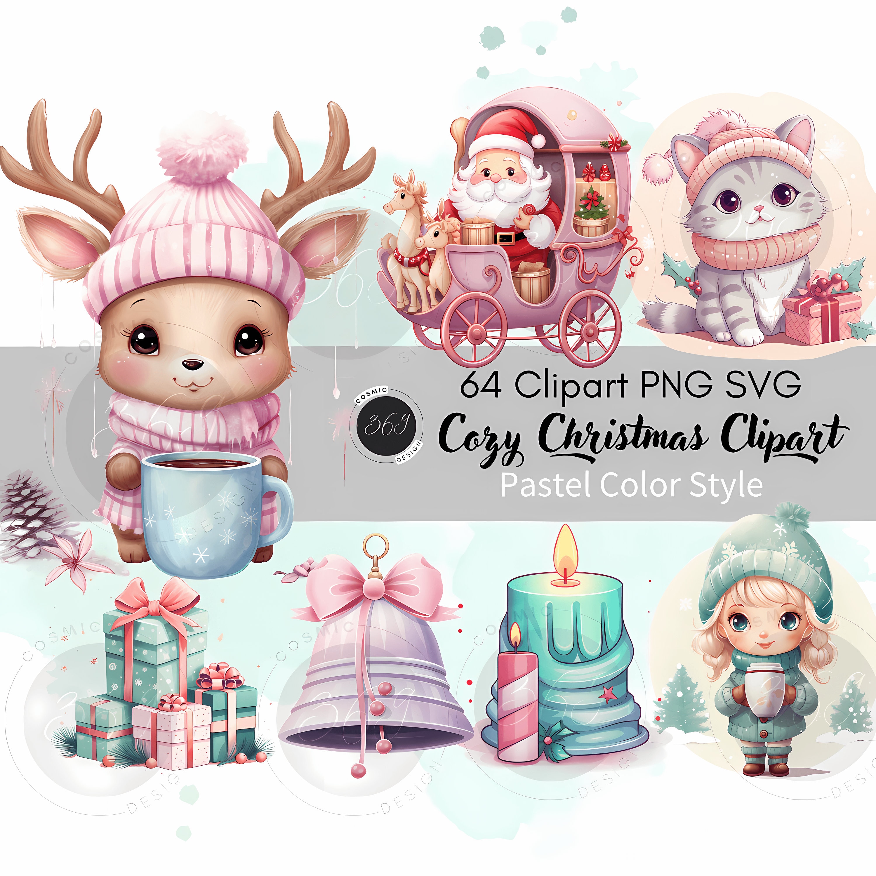 Cozy Christmas Clipart Bundle Pastel Color Version 64 SVG PNG ...