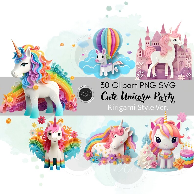 Unicornparty Clipart Cute Unicorn Clipart Bundle 30 PNG SVG Kirigami ...
