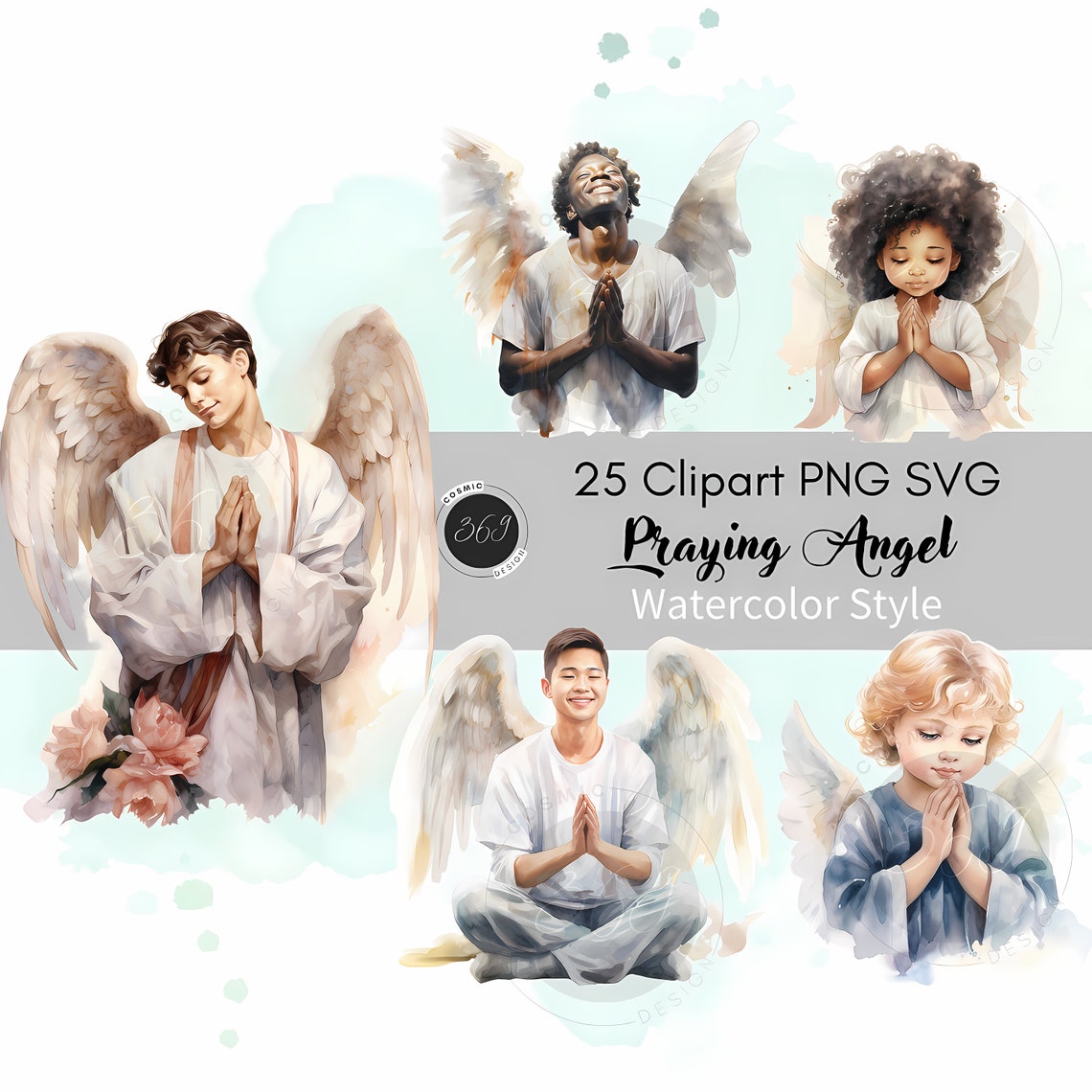 Watercolor Praying Angel Clipart Bundle 25 PNG SVG for Commercial Use ...