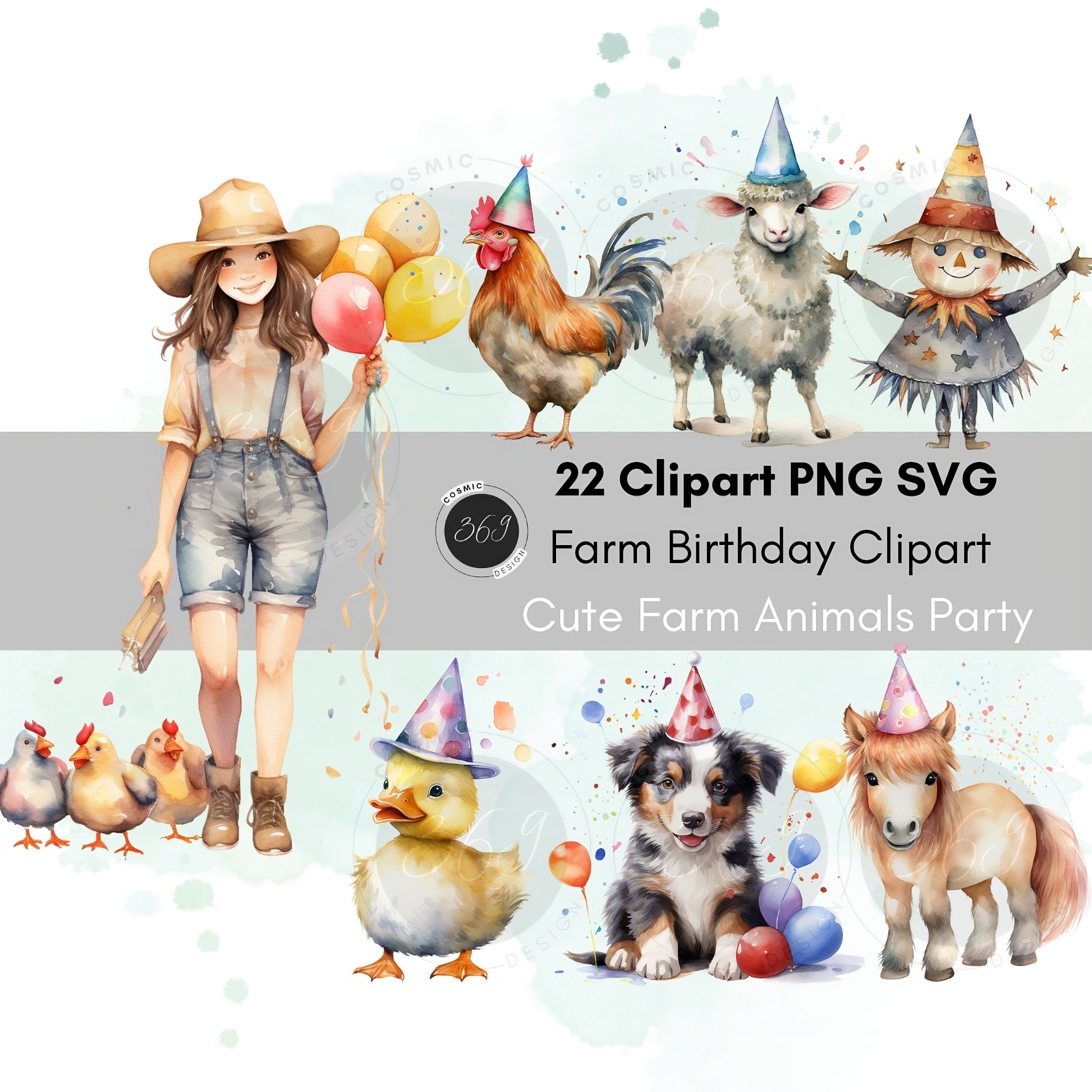 Farm Animal Clipart Farm Birthday Farm Party Watercolor PNG - Etsy