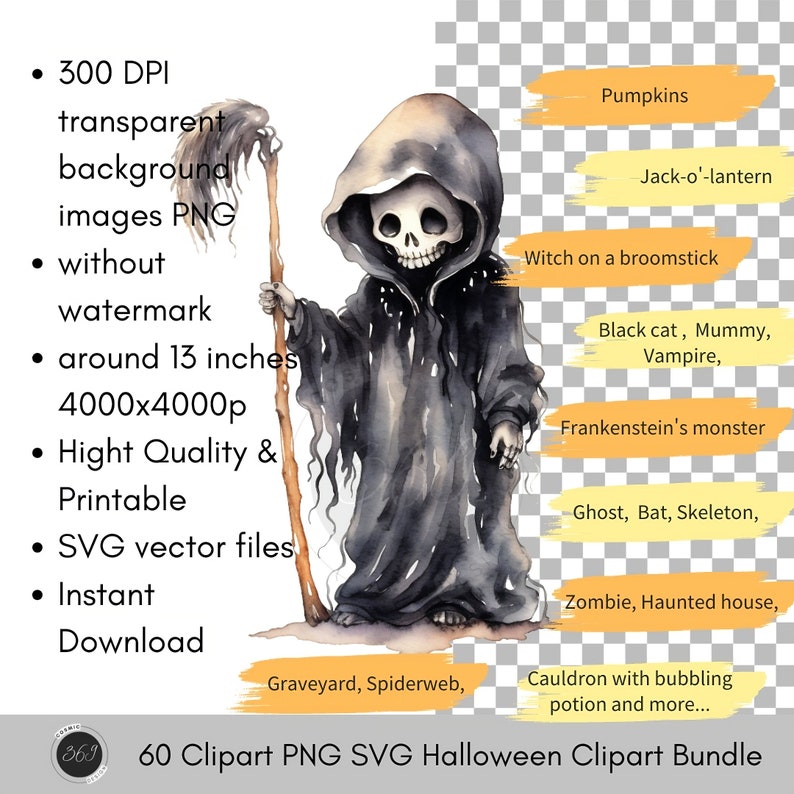 Halloween Clipart Bundle 60 PNG SVG Watercolor Style Commercial Use ...