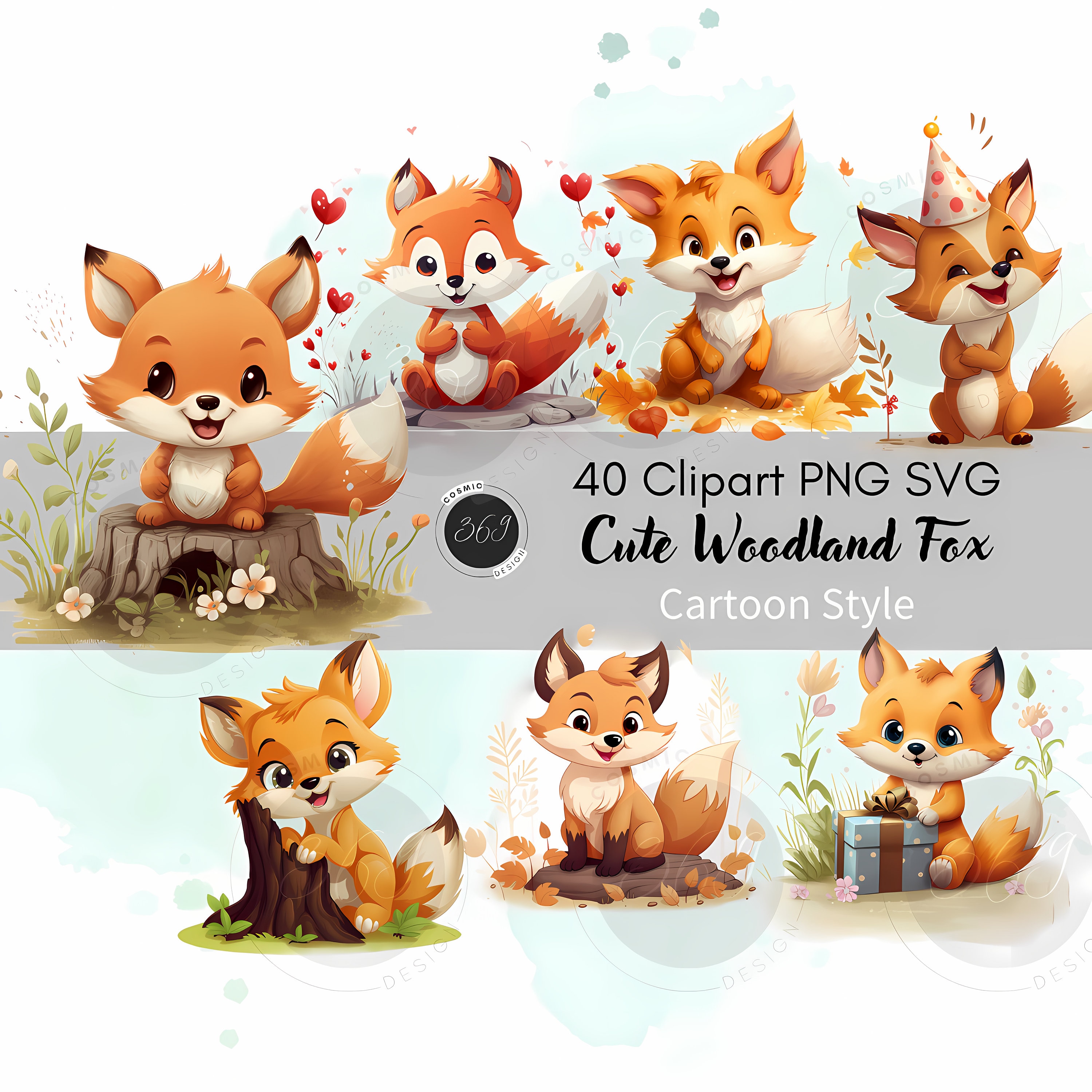 Woodland Fox Clipart Bundle 40 PNG SVG Cartoon Style Commercial Use ...