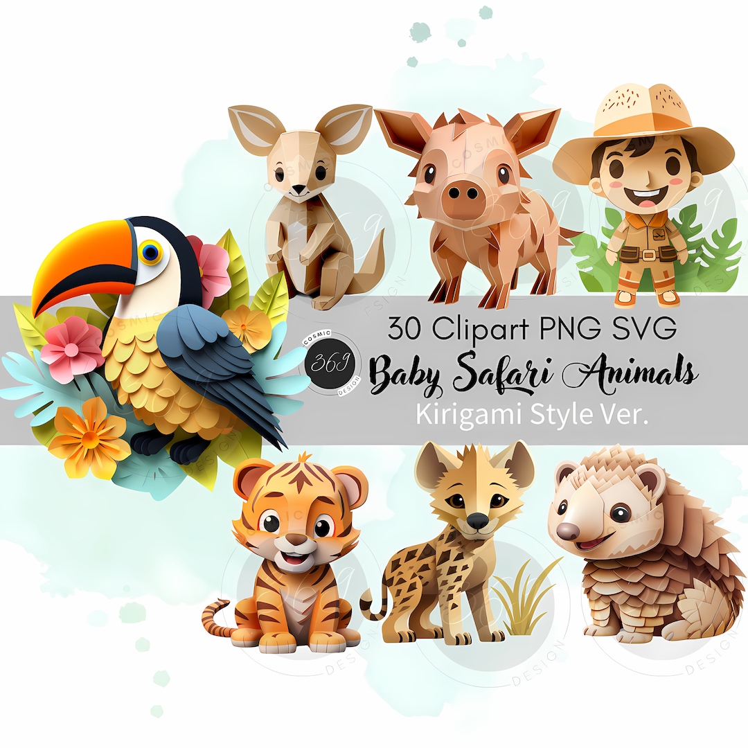 Baby Safari Animals Clipart Bundle Kirigami Paper Craft Style 30 PNG ...