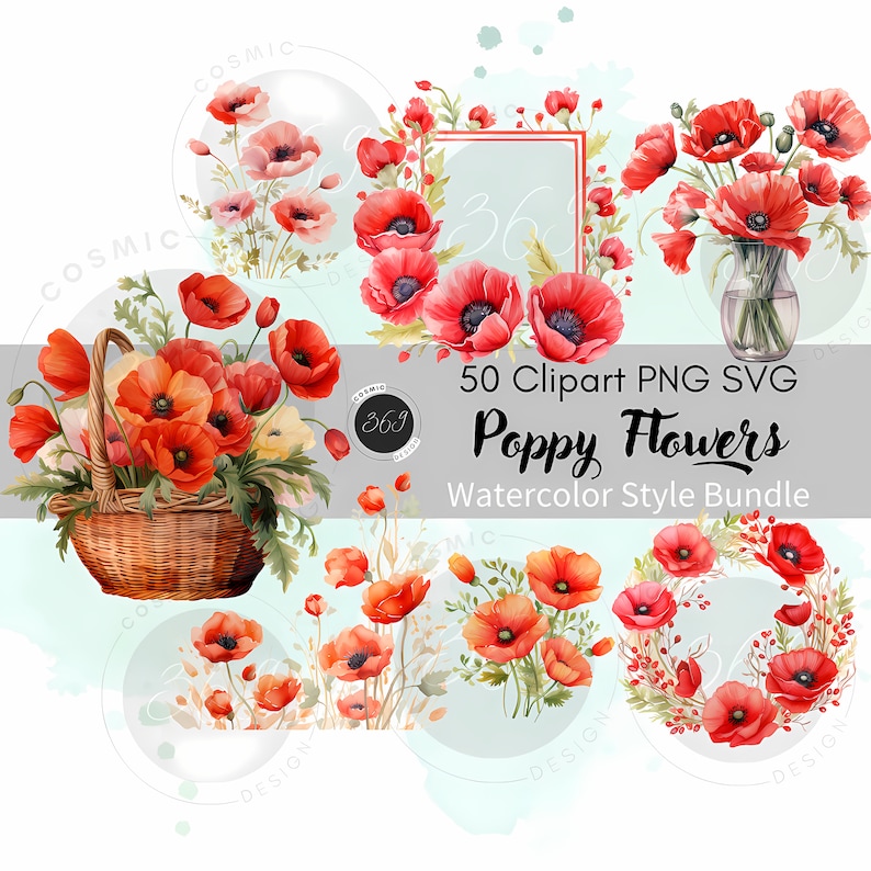 Watercolor Poppy Clipart Bundle 50 PNG SVG for Personal & Commercial ...