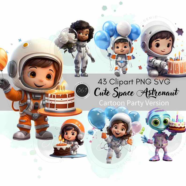 Birthdayparty Clipart Cute Space Clipart Bundle 43 PNG SVG Commercial ...