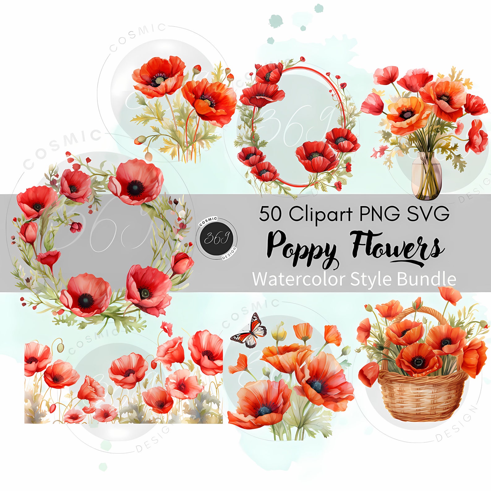 Watercolor Poppy Clipart Bundle 50 PNG SVG for Personal & Commercial ...