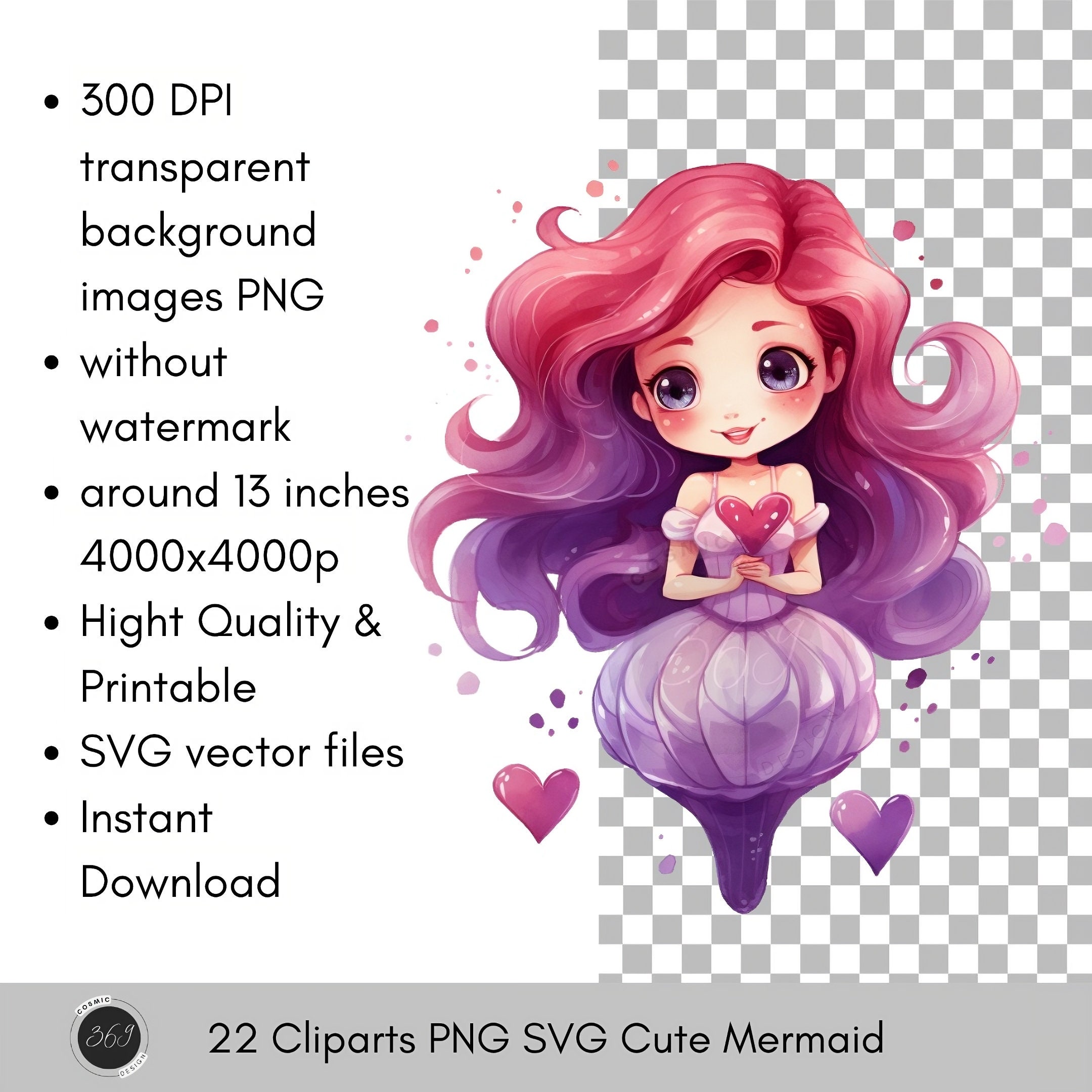 Mermaid Watercolor Clipart 22 Designs, Cute Little Mermaid, Nursery ...