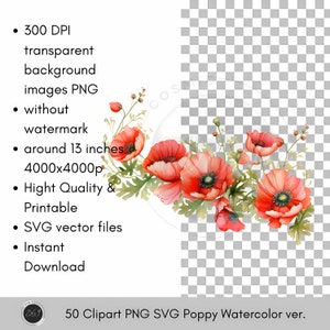 Watercolor Poppy Clipart Bundle 50 PNG SVG for Personal & Commercial ...