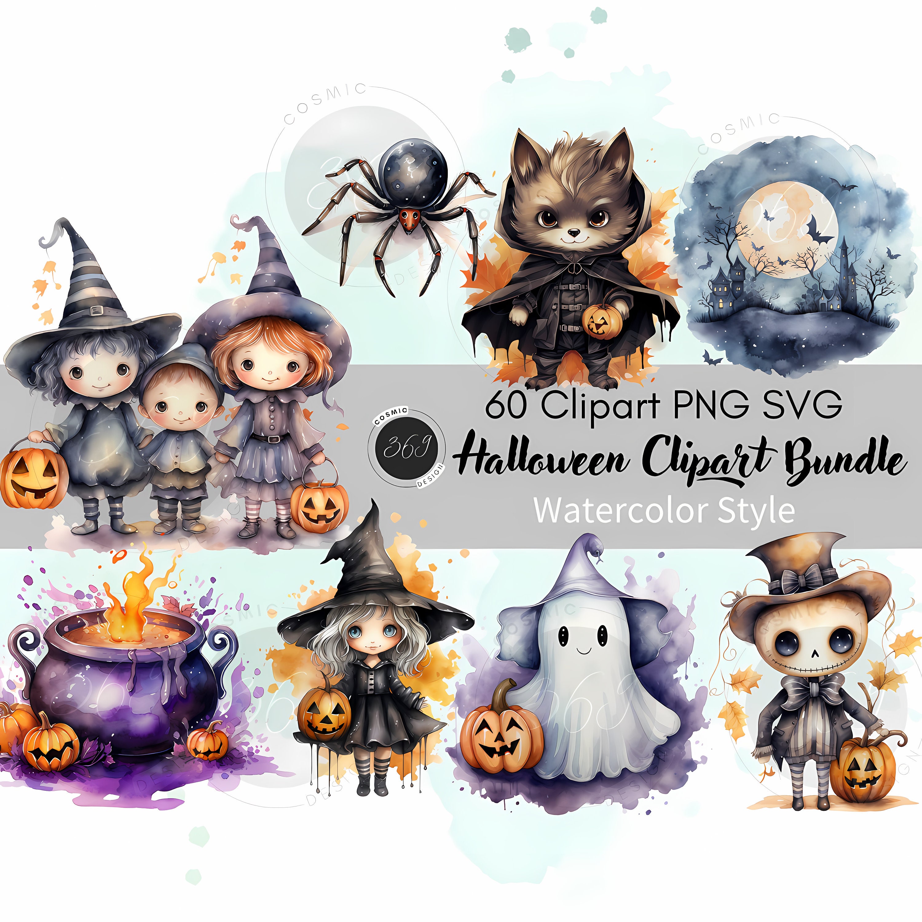 Halloween Clipart Bundle 60 PNG SVG Watercolor Style Commercial Use ...