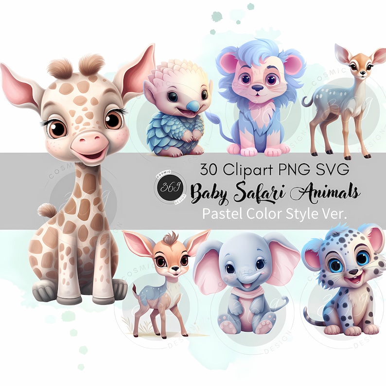 Baby Safari Animals Clipart 30 PNG SVG Pastel Color Style for Personal ...