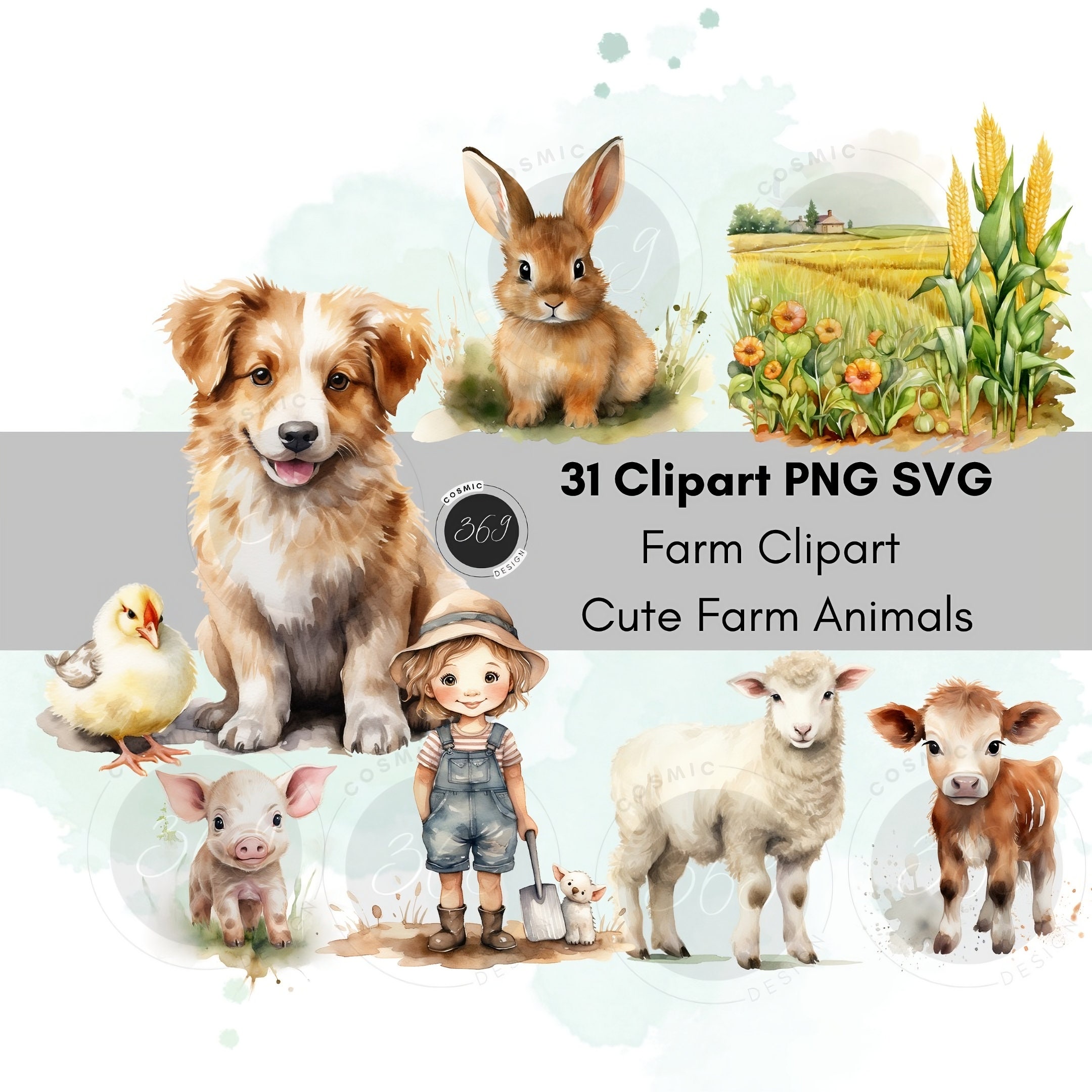 Farm Animal Clipart Watercolor PNG SVG 31 Designs, Farm Clipart for ...