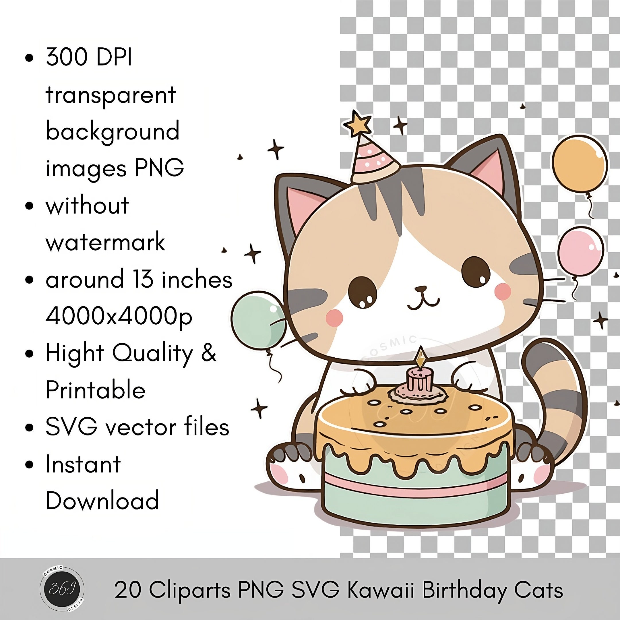 Birthday Cat Clipart Kawaii Birthday Cats Funny Party Clipart ...