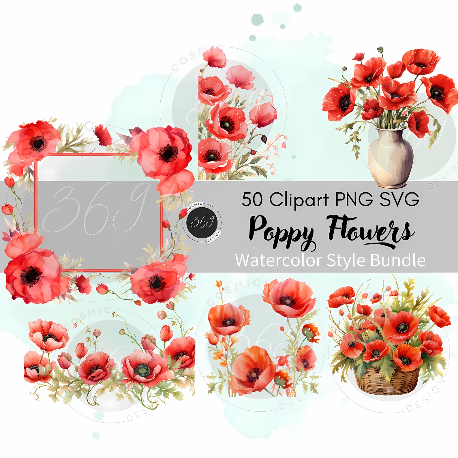 Watercolor Poppy Clipart Bundle 50 PNG SVG for Personal & Commercial ...