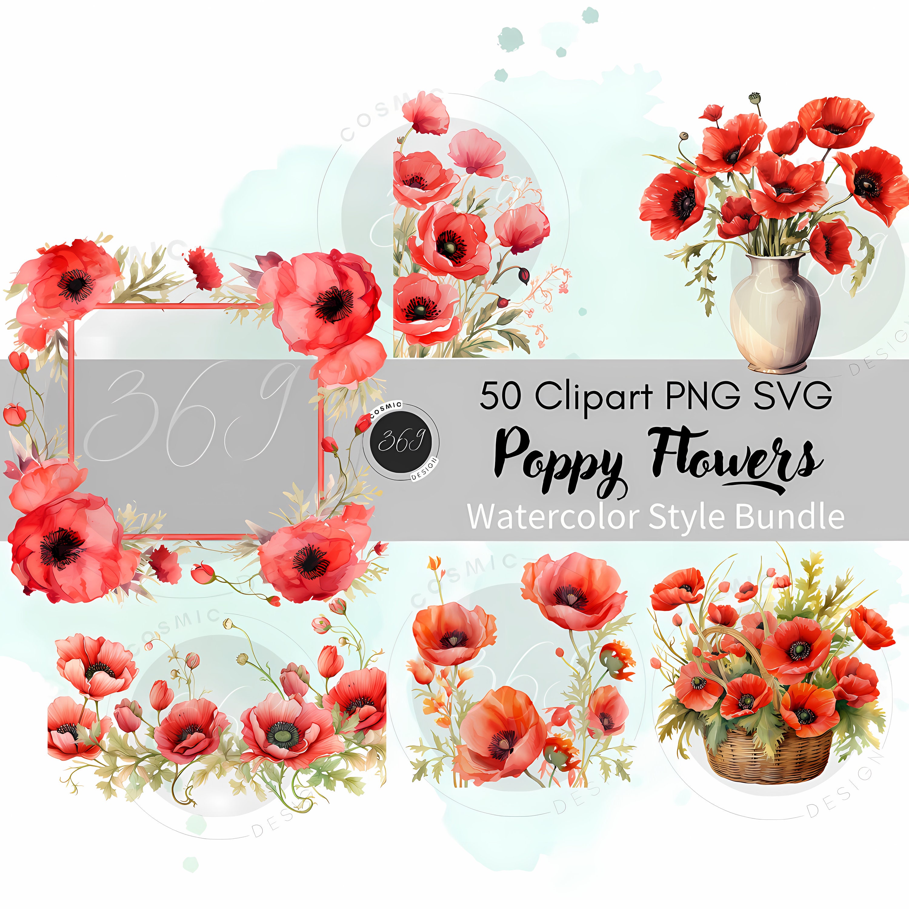 Watercolor Poppy Clipart Bundle 50 PNG SVG for Personal & Commercial ...