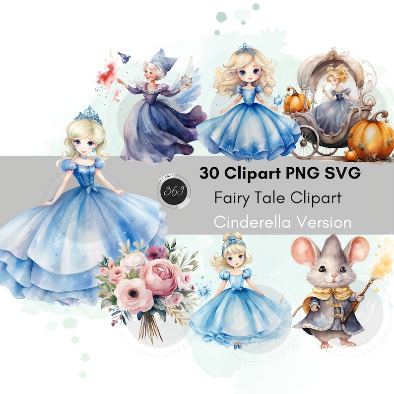 Fairy Tale Clipart Cinderella Clipart Bundle Watercolor 30 Designs PNG ...