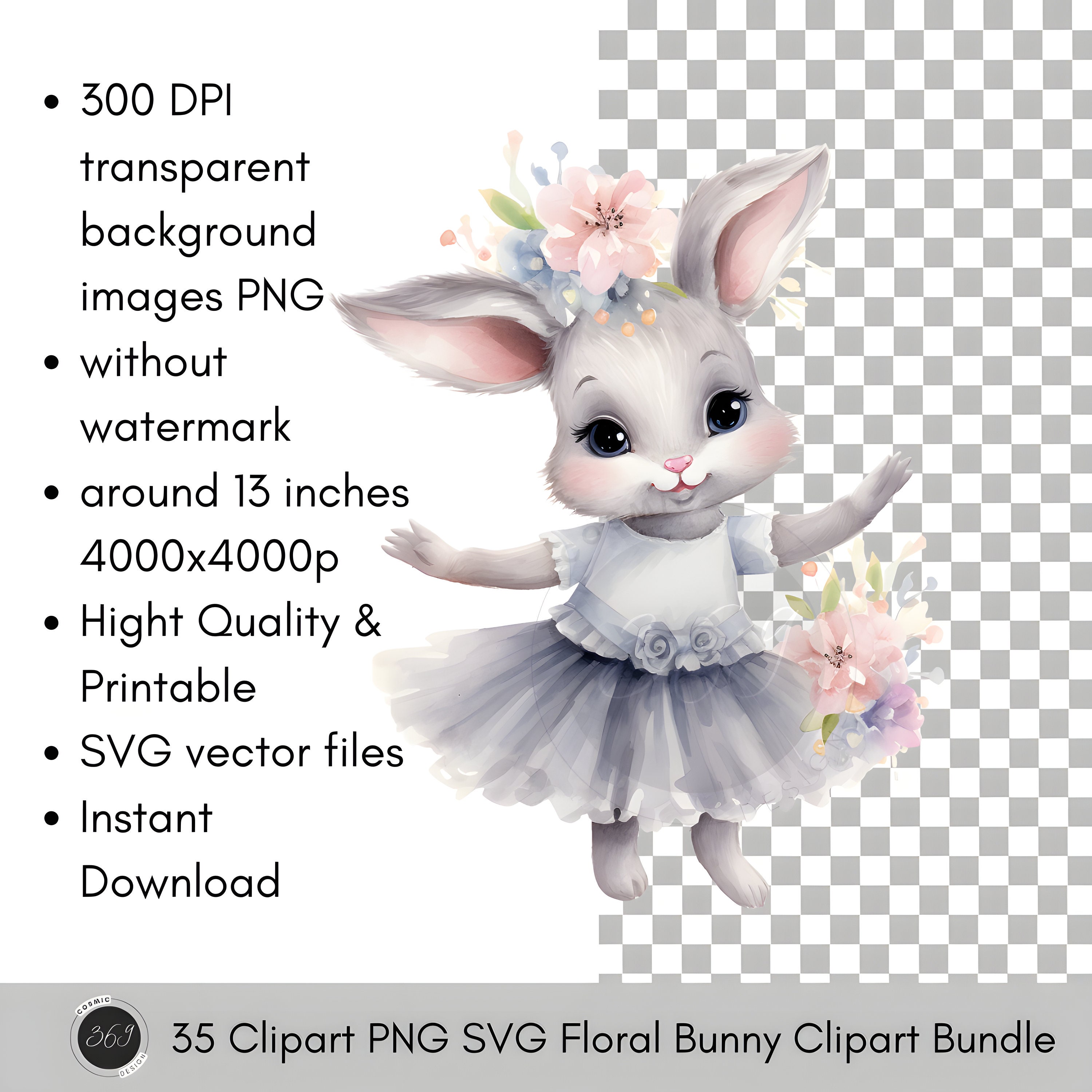 Floral Bunny Clipart Bundle 35 PNG SVG Commercial Use, Watercolor Cute ...