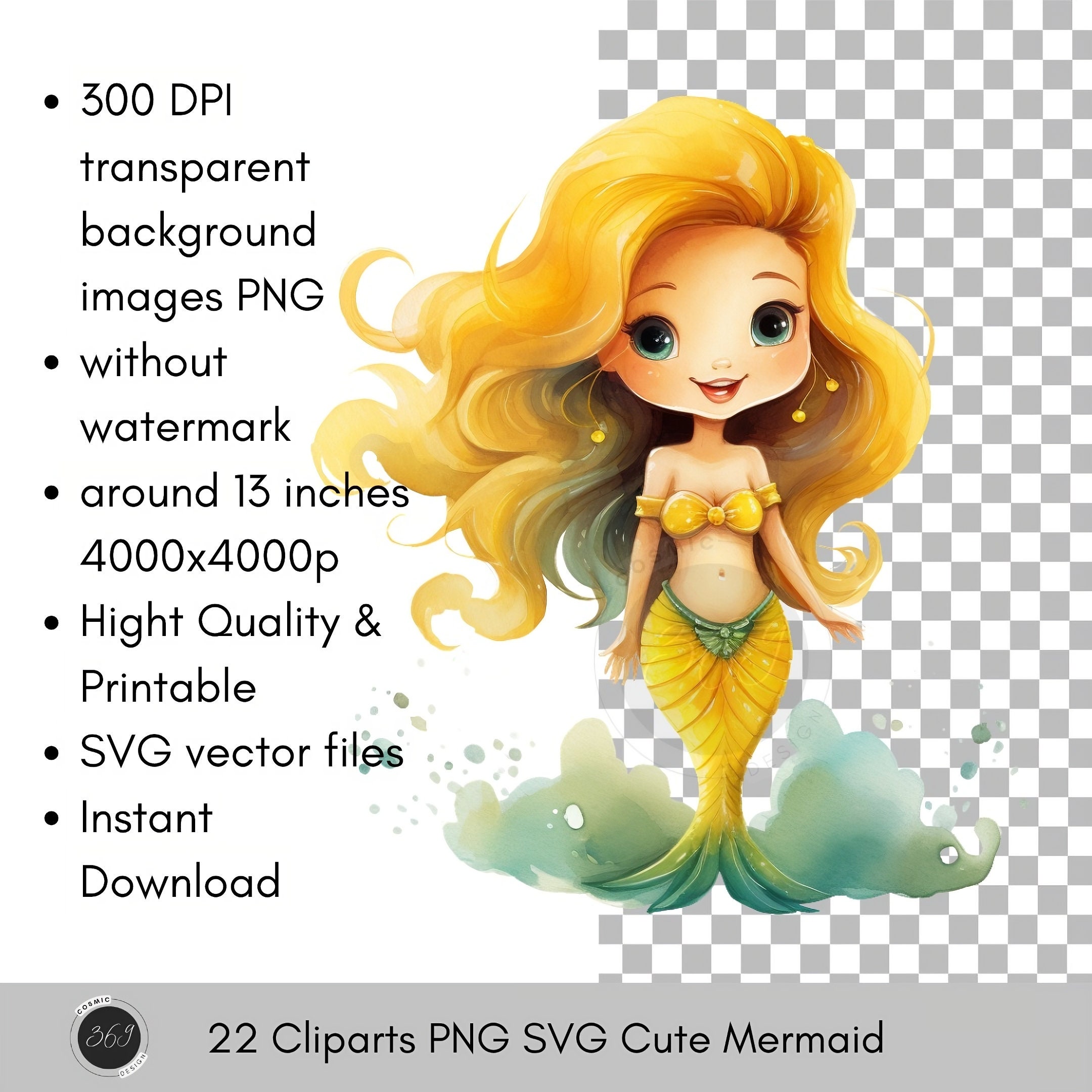 Mermaid Watercolor Clipart 22 Designs Cute Little Mermaid - Etsy