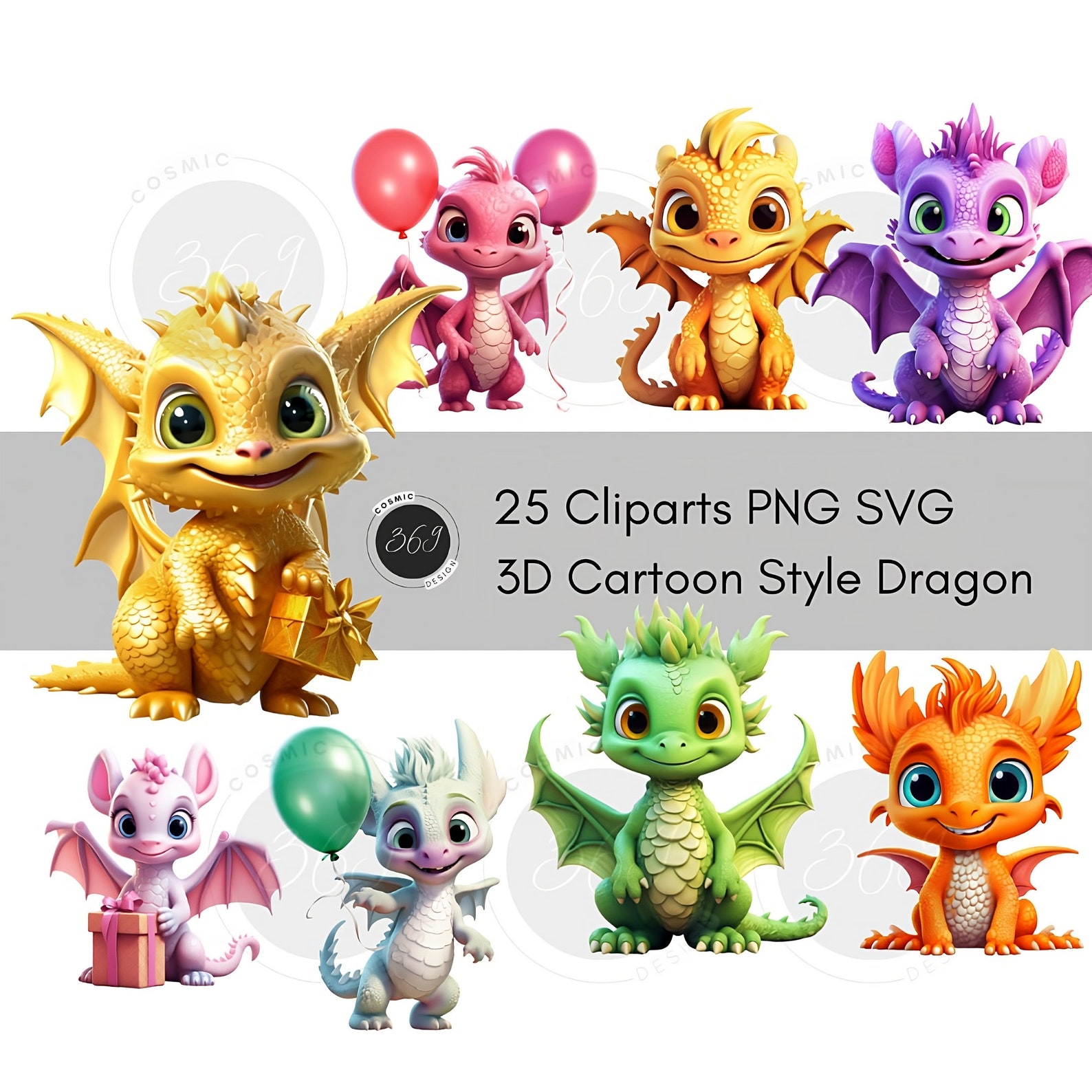 Baby Dragon Clipart 25 Designs, Dragon PNG SVG 3D Cartoon Style Cute ...
