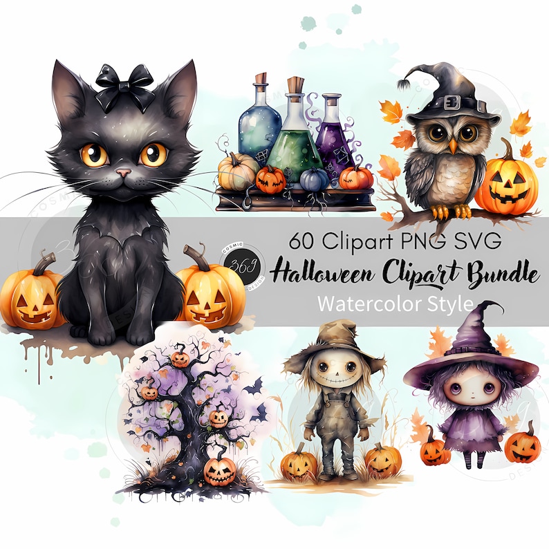 Halloween Clipart Bundle 60 PNG SVG Watercolor Style Commercial Use ...