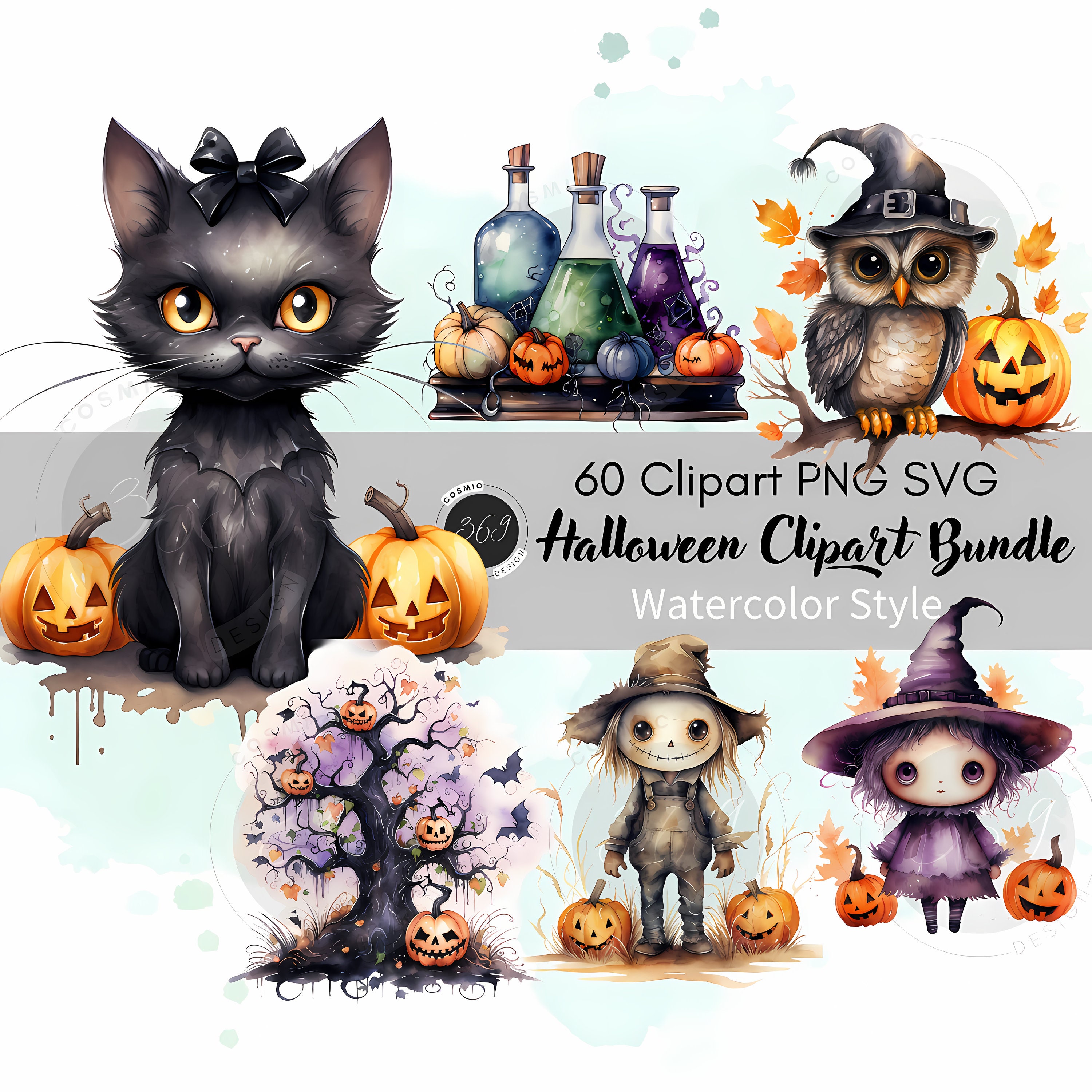 Halloween Clipart Bundle 60 PNG SVG Watercolor Style Commercial Use ...