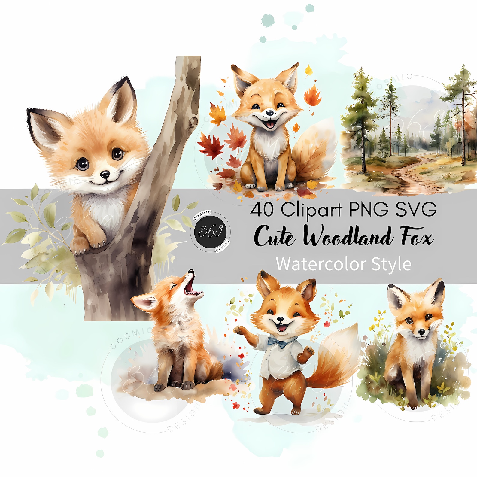 Watercolor Woodland Fox Clipart Bundle 40 PNG SVG for Personal ...