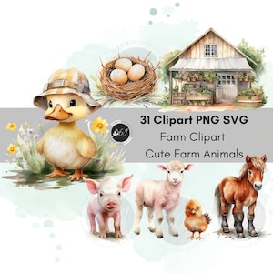 Farm Animal Clipart Watercolor PNG SVG 31 Designs, Farm Clipart for ...