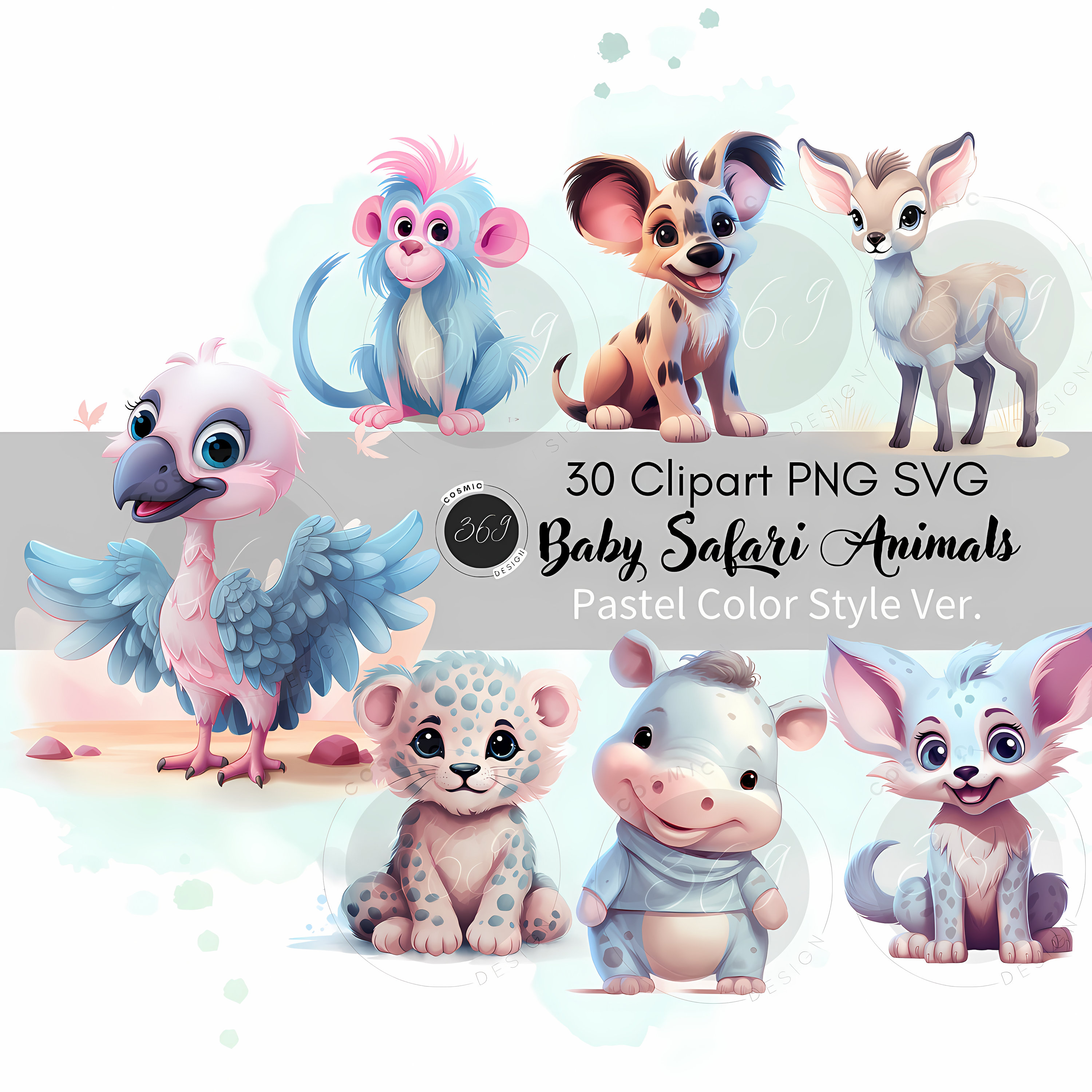 Baby Safari Animals Clipart 30 PNG SVG Pastel Color Style for Personal ...