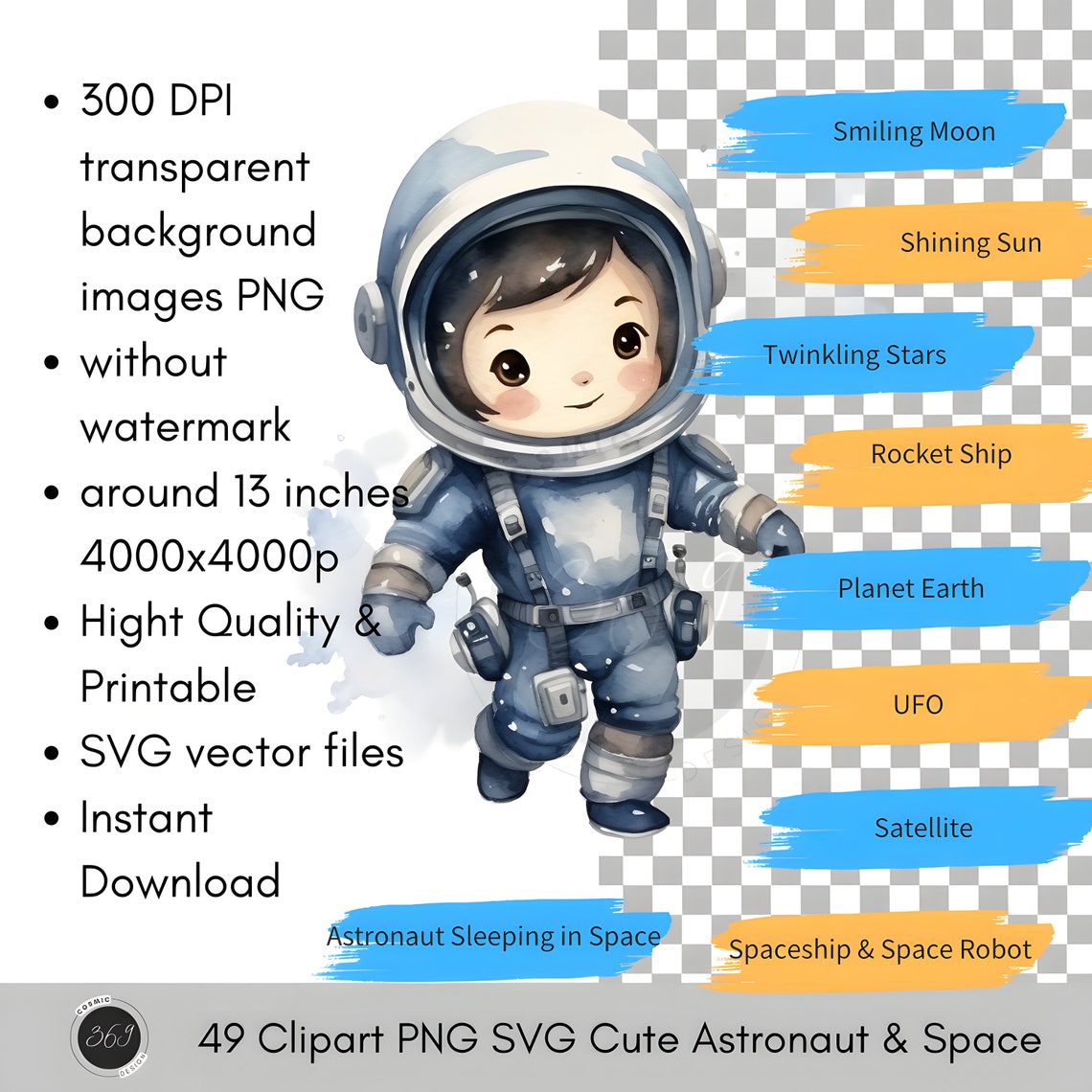 Cute Space Clipart Bundle 49 PNG SVG Commercial Use, Astronaut Clipart ...