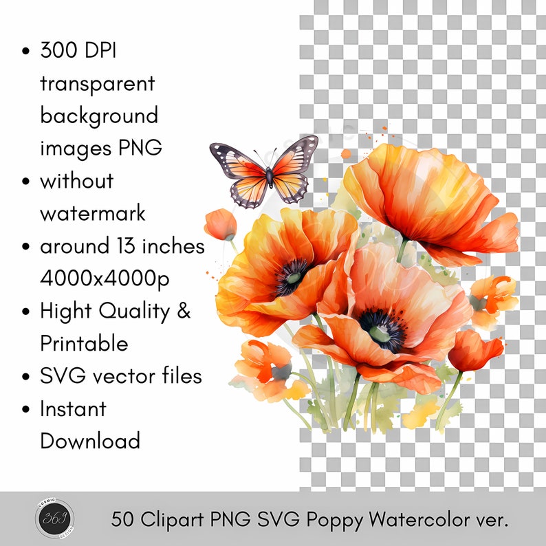 Watercolor Poppy Clipart Bundle 50 PNG SVG for Personal & Commercial ...