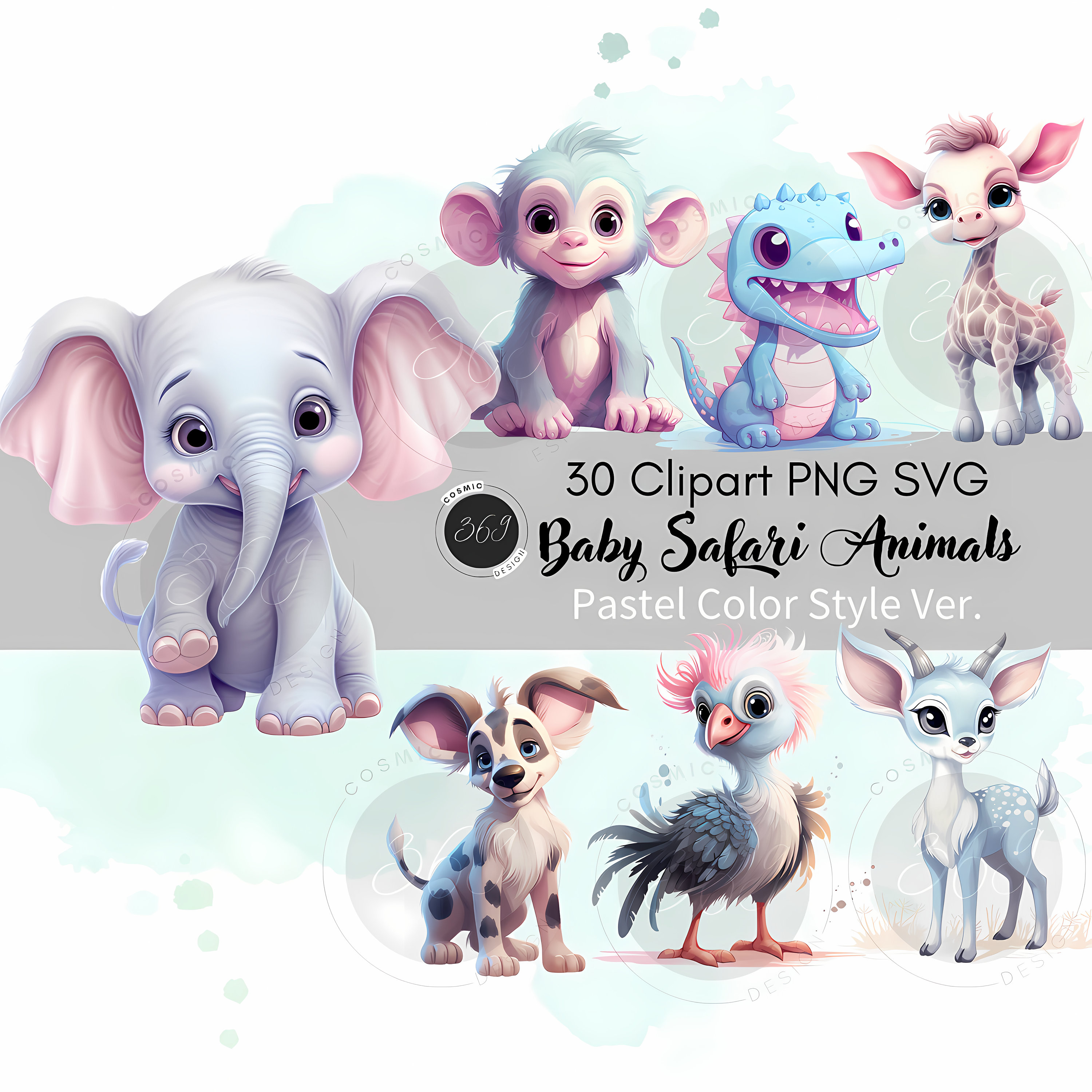 Baby Safari Animals Clipart 30 PNG SVG Pastel Color Style for Personal ...