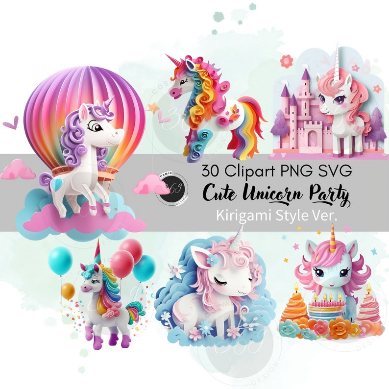 Unicornparty Clipart Cute Unicorn Clipart Bundle 30 PNG SVG Kirigami ...