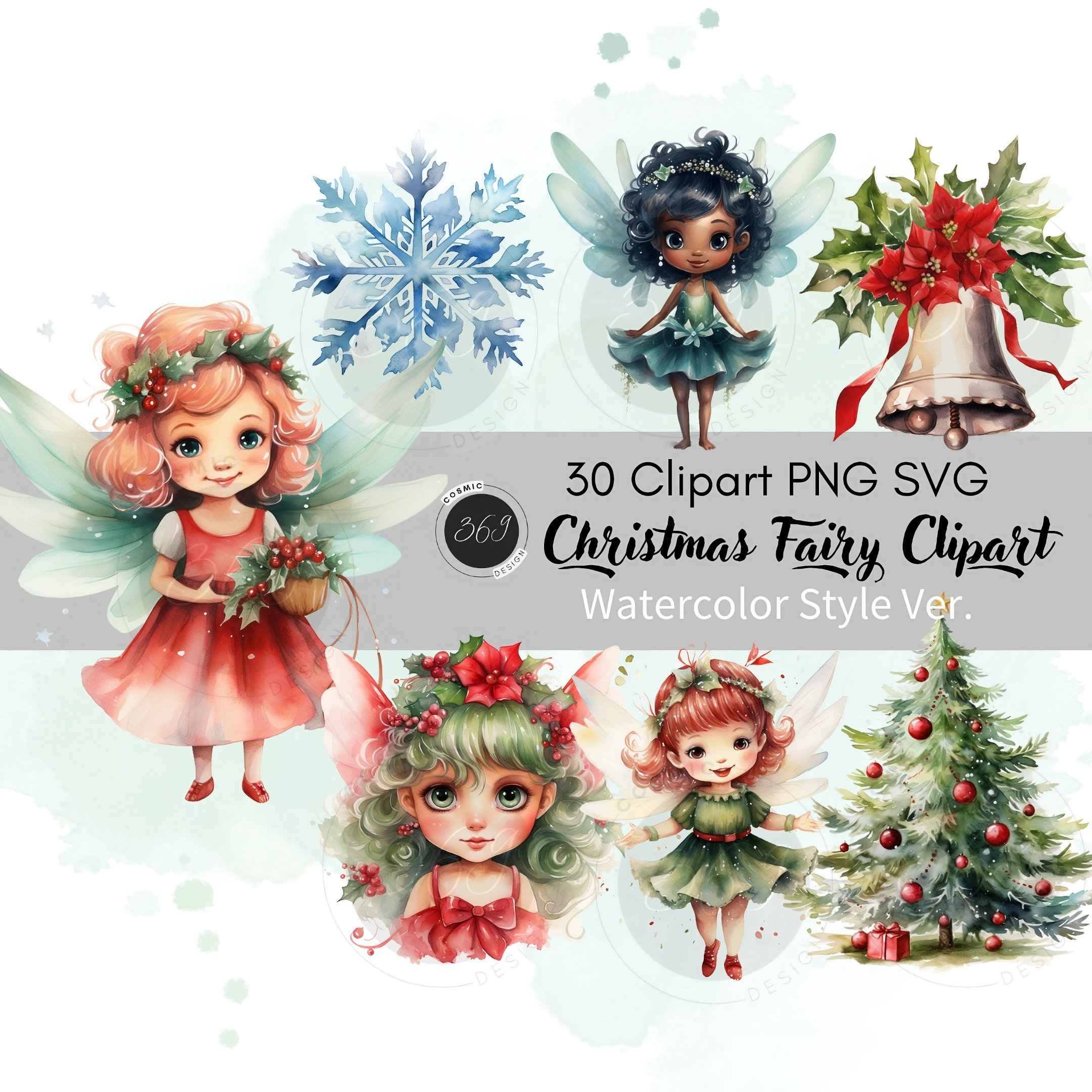 Christmas Fairy Clipart Watercolor Style 30 PNG SVG Personal ...