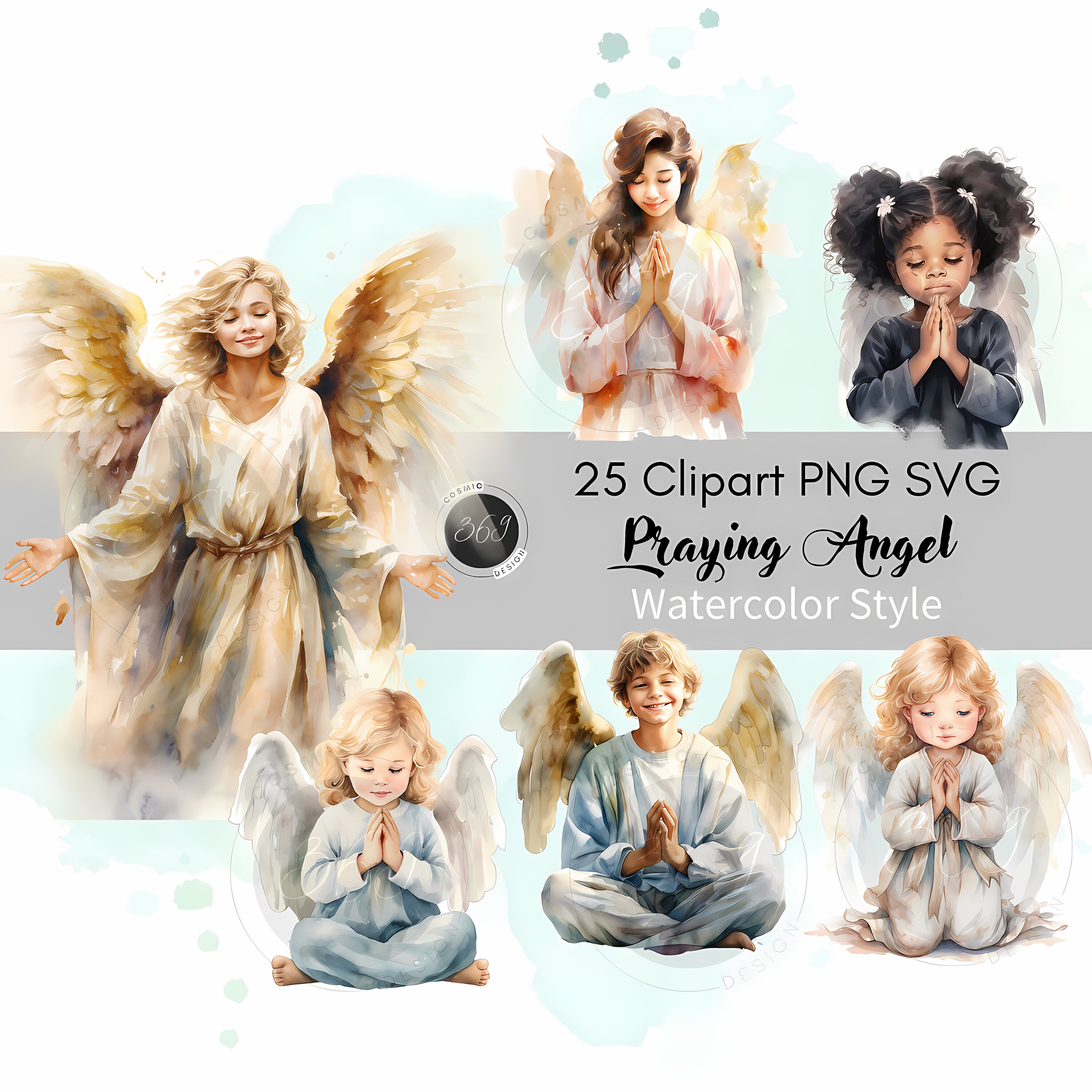 Watercolor Praying Angel Clipart Bundle 25 PNG SVG for Commercial Use ...