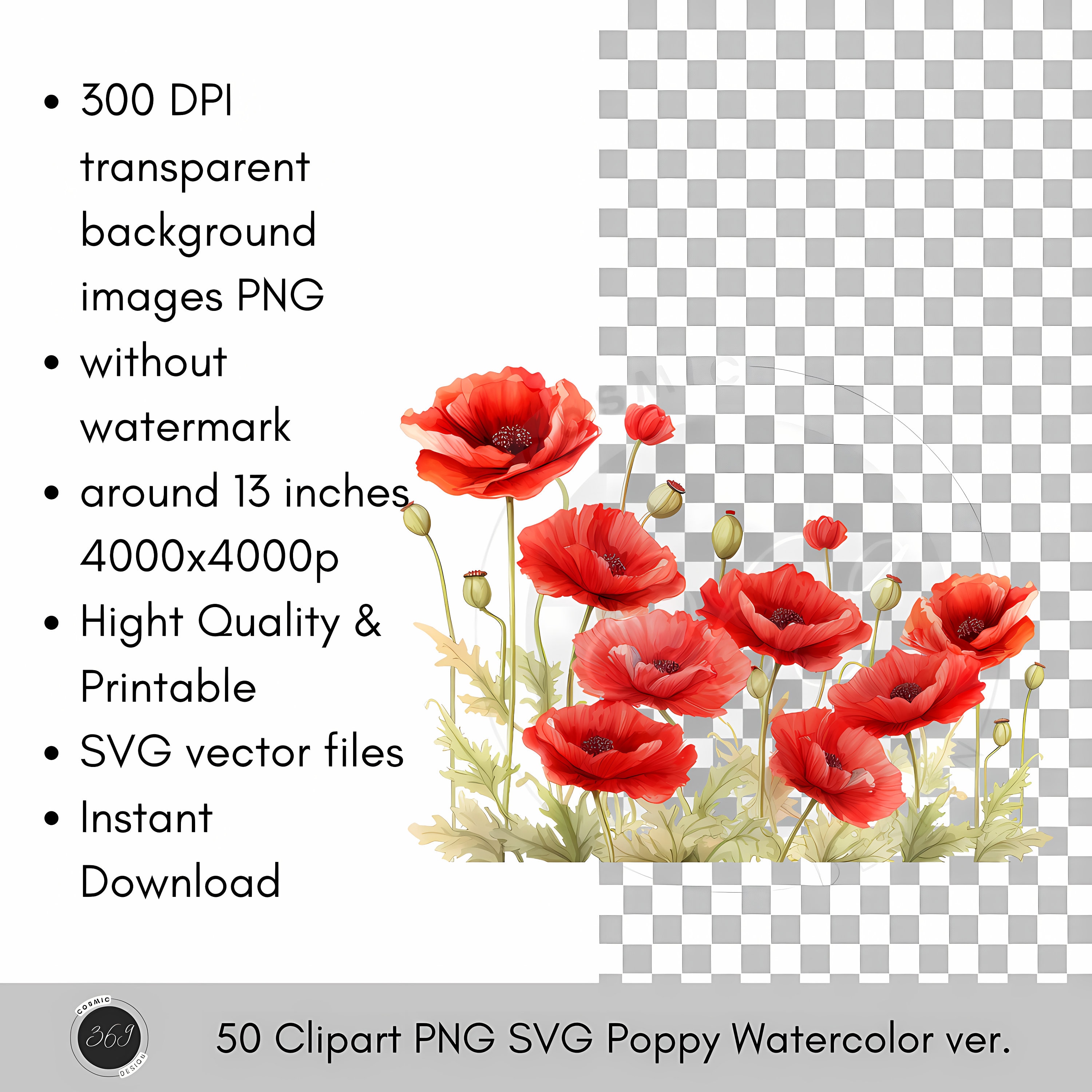 Watercolor Poppy Clipart Bundle 50 PNG SVG for Personal & Commercial ...
