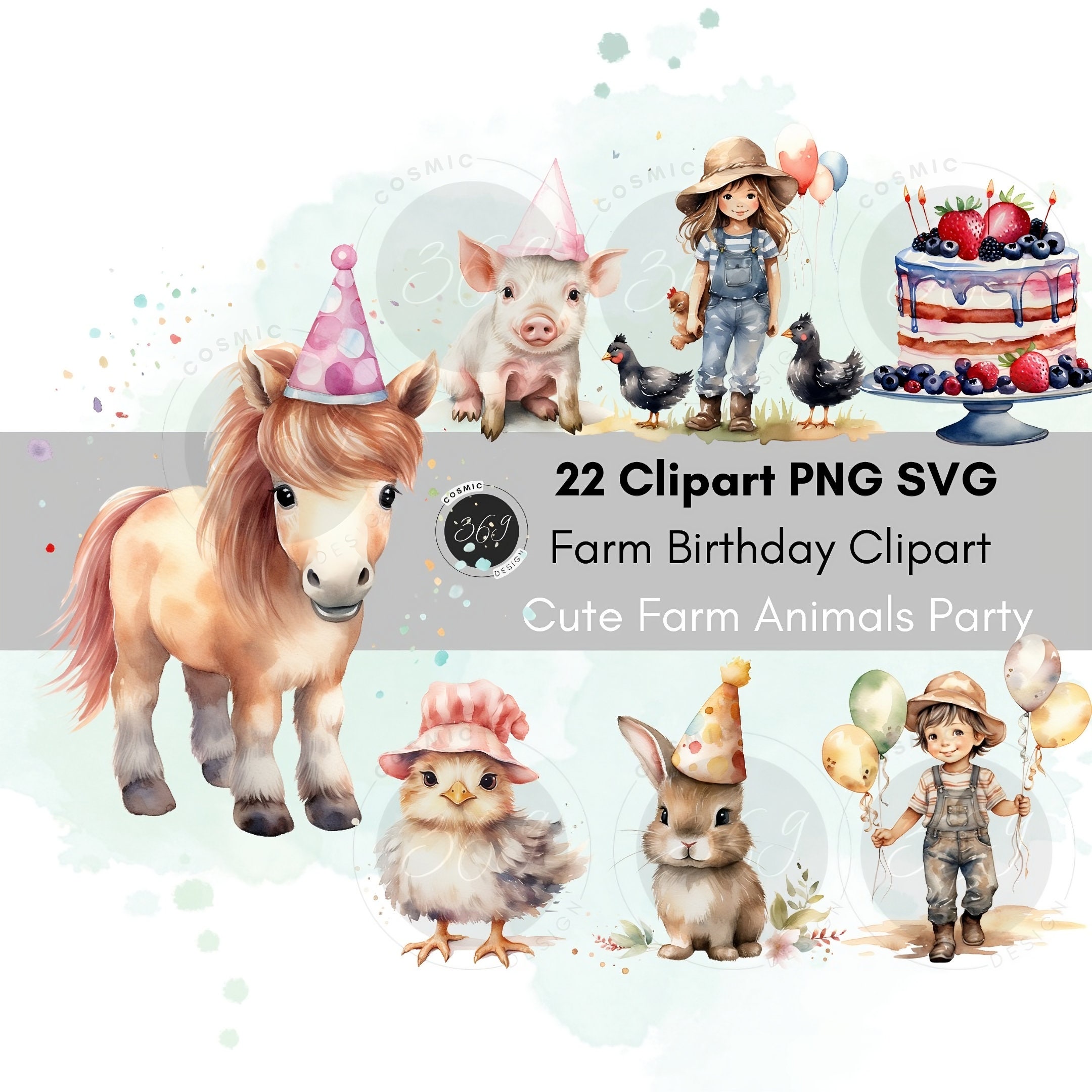 Farm Animal Clipart Farm Birthday Farm Party Watercolor PNG - Etsy