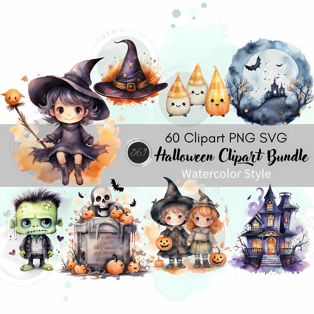 Halloween Clipart Bundle 60 PNG SVG Watercolor Style Commercial Use ...