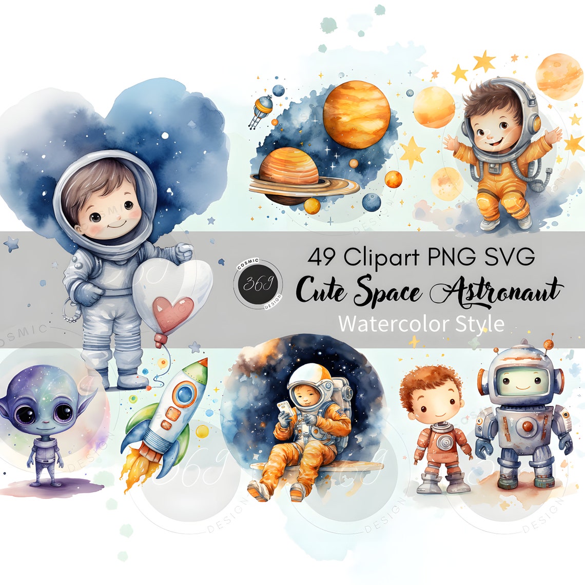 Cute Space Clipart Bundle 49 PNG SVG Commercial Use, Astronaut Clipart ...