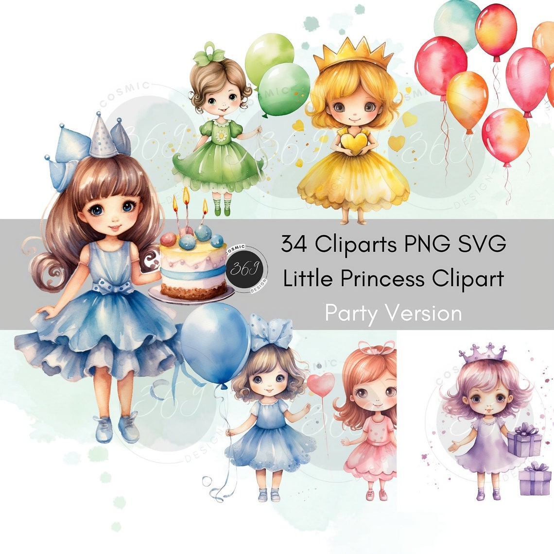 Princess Clipart, Watercolor Little Princesses 34 Designs Party Version ...
