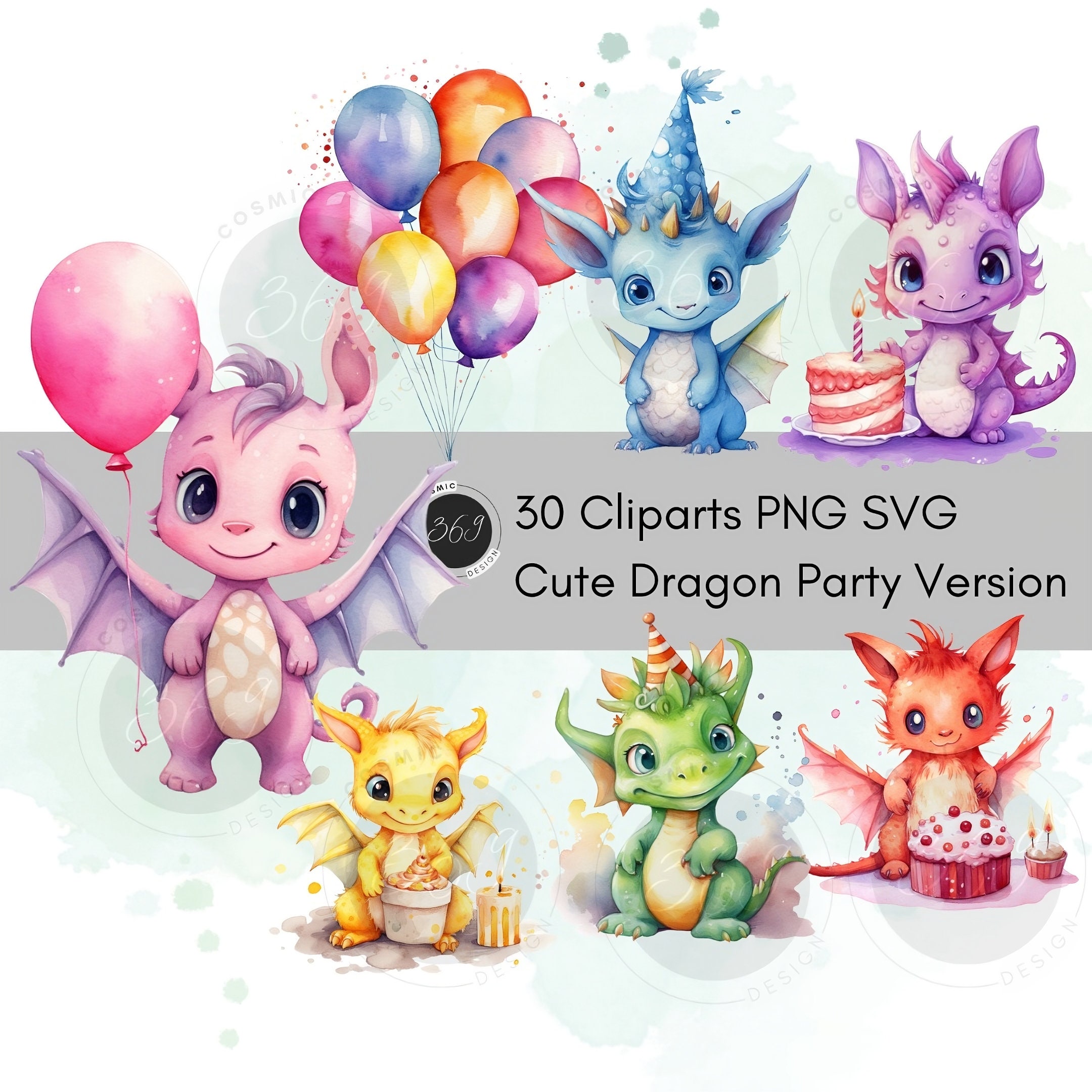 Cute Dragon Clipart Party Version 30 Designs Watercolor Style, Adorable ...